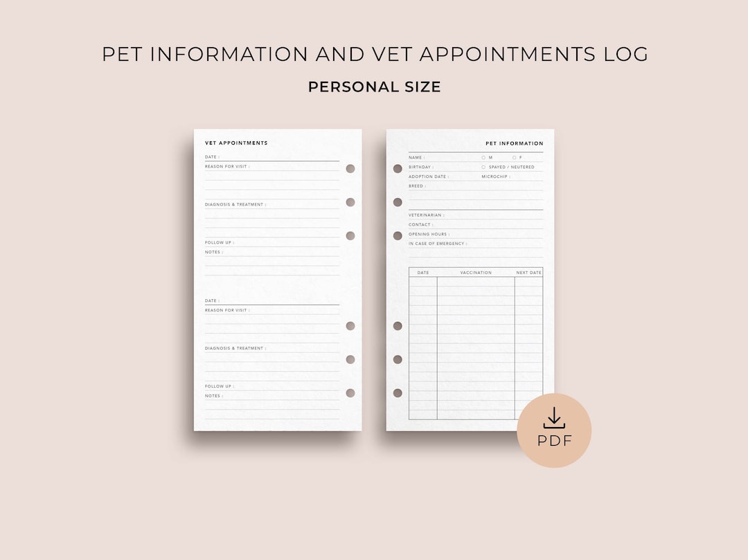Pet Information Printable With Vet Appointment Log, Personal Size Pet ...