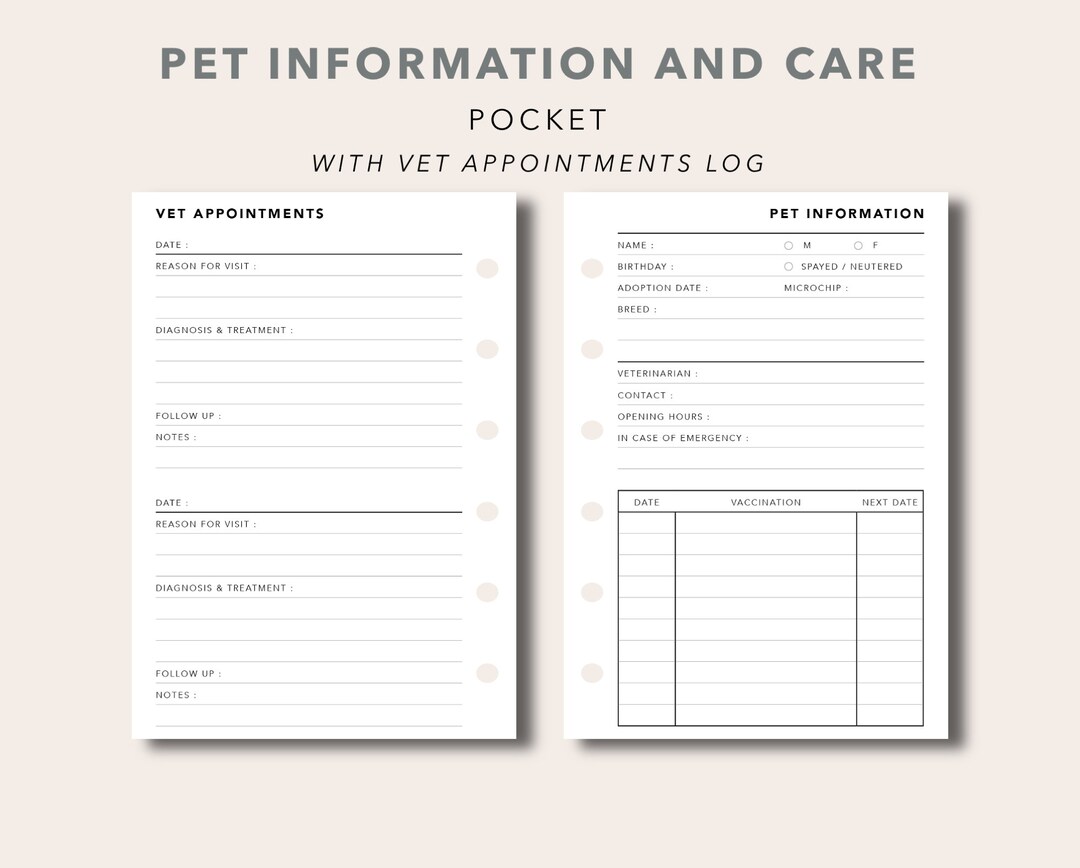 Pocket Pet Information Printable With Vet Appointments Log - Etsy