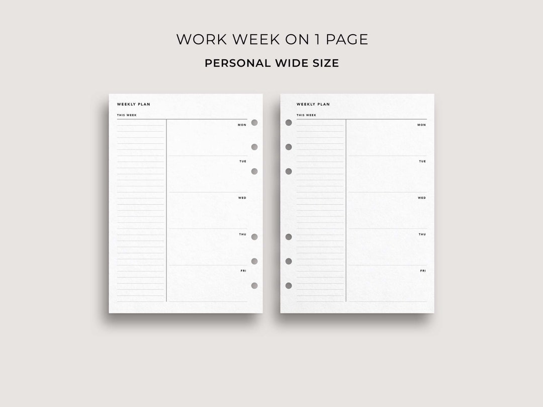 Work Week Planner, Personal Wide Size Printable Monday to Friday Weekly ...