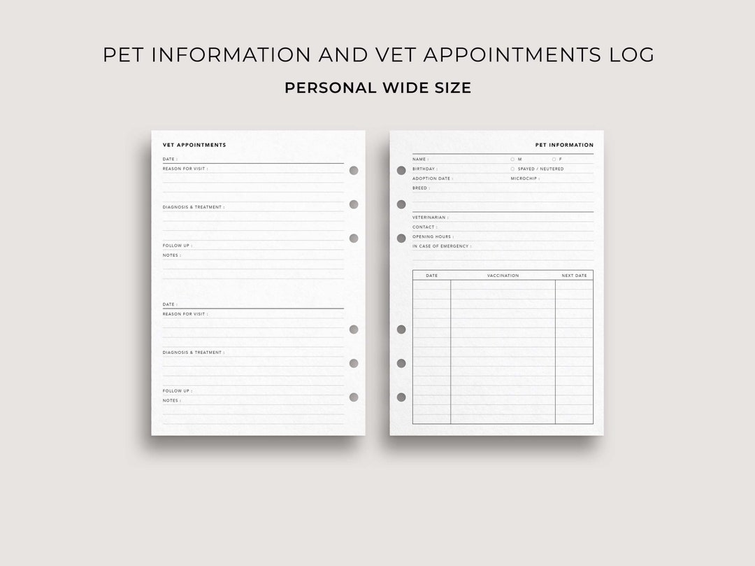 Pet Information Printable With Vet Appointments Log, Personal Wide Size ...
