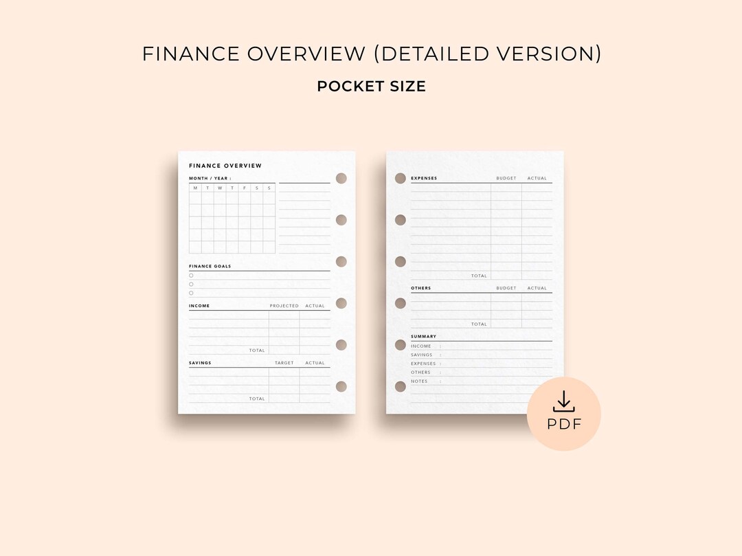 Finance Overview Detailed Version, Pocket Size Printable Monthly Budget ...