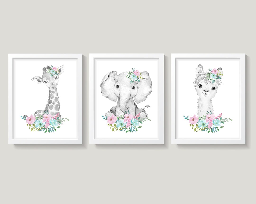 Boho Safari Animals Nursery Wall Decor, Elephant Giraffe Llama Art ...