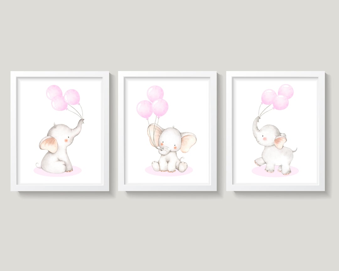 Watercolor Pink Elephant, Elephant With Balloons Baby Nursery, Pink ...