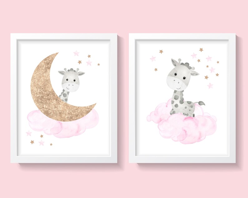 Giraffe Nursery Wall Decor, Pink Gray Gold Nursery Decor, Moon and ...