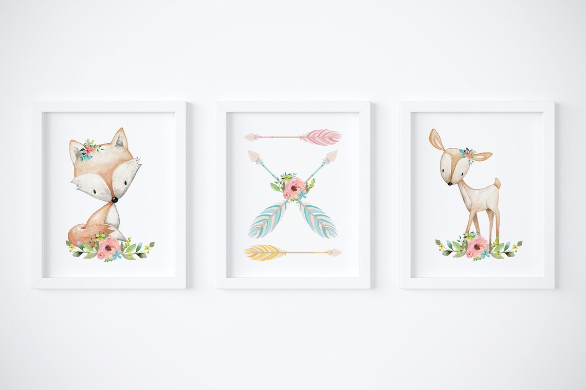 Boho Woodland Animal Nursery Wall Art, Forest Animals Wall Decor ...