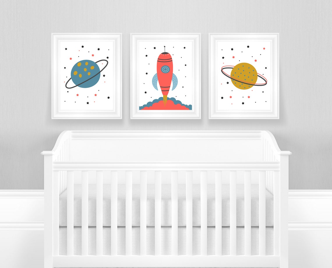 Outer Space Boy's Room Decor, Space Rockets Planets Stars, Yellow Blue ...