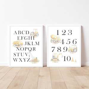 Construction Truck Alphabet Nursery Art, Trucks Numbers Nursery Wall ...