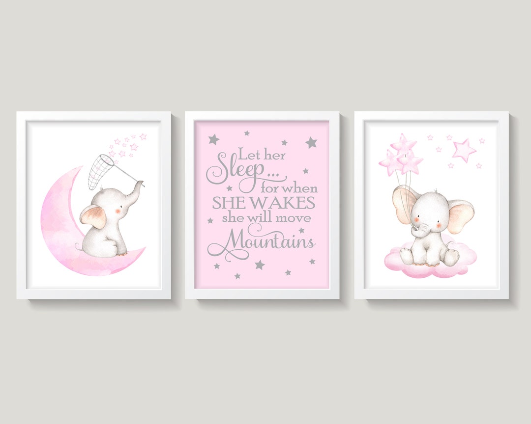 Elephant Nursery Wall Decor, Pink and Gray Nursery, Moon and Stars ...