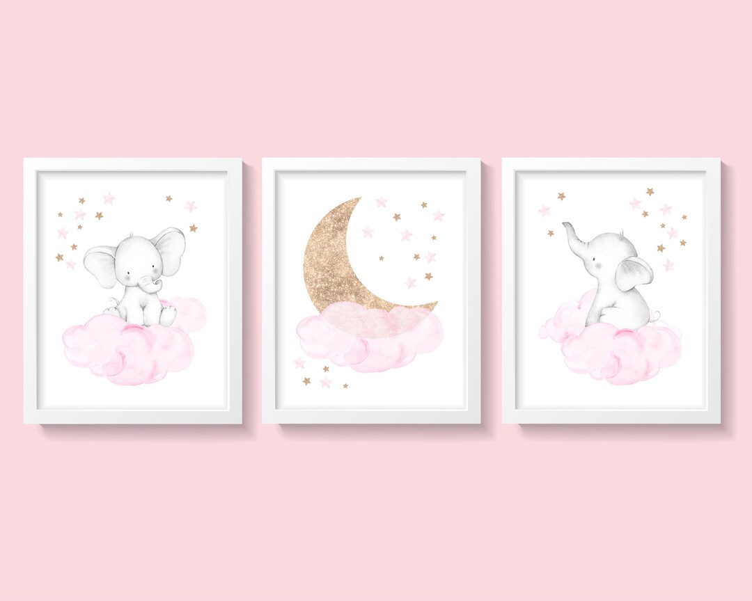 Elephant Nursery Wall Decor, Pink Gray Gold Nursery Decor, Moon and ...