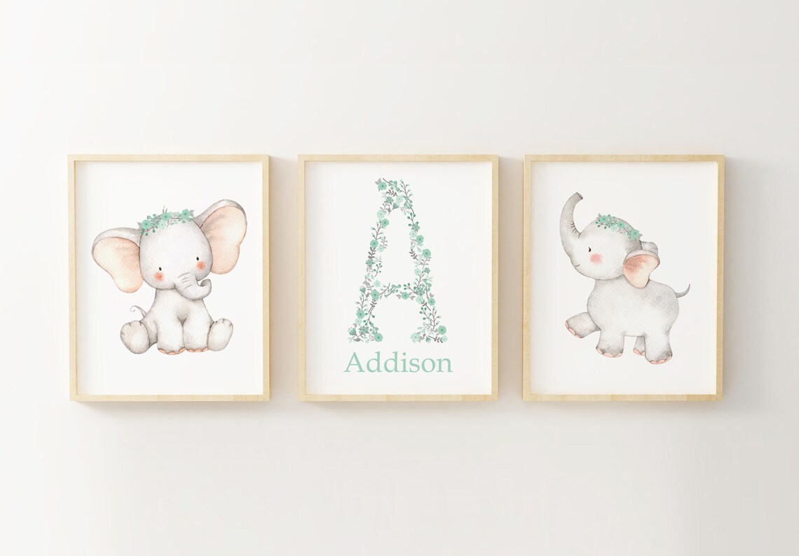 Set of 3 Baby Elephant Monogram Nursery Wall Decor, Girl Mint Gray ...