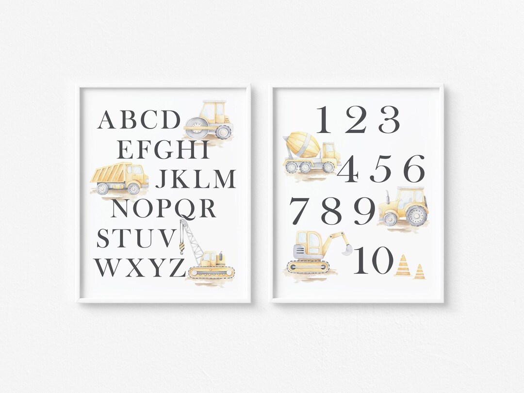 Construction Truck Alphabet Nursery Art, Trucks Numbers Nursery Wall ...