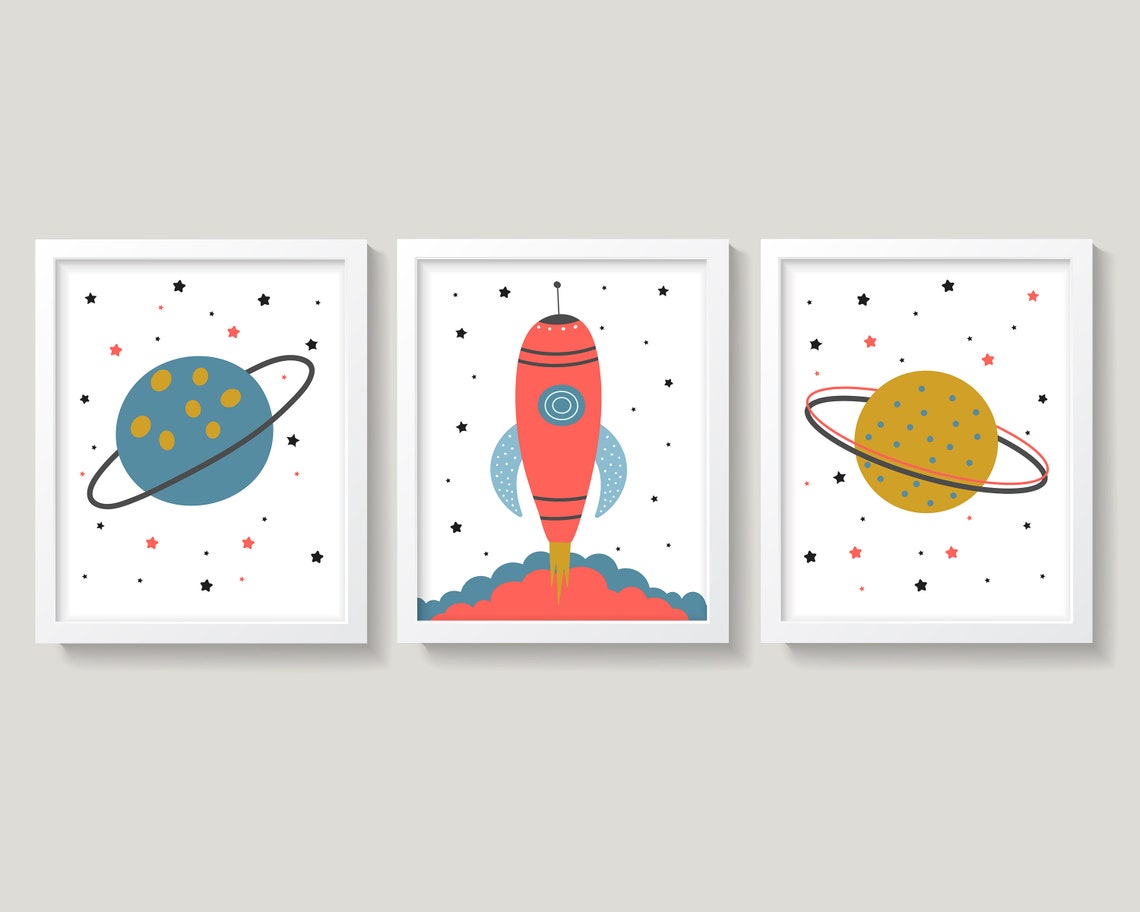 Outer Space Boy's Room Decor, Space Rockets Planets Stars, Yellow Blue ...