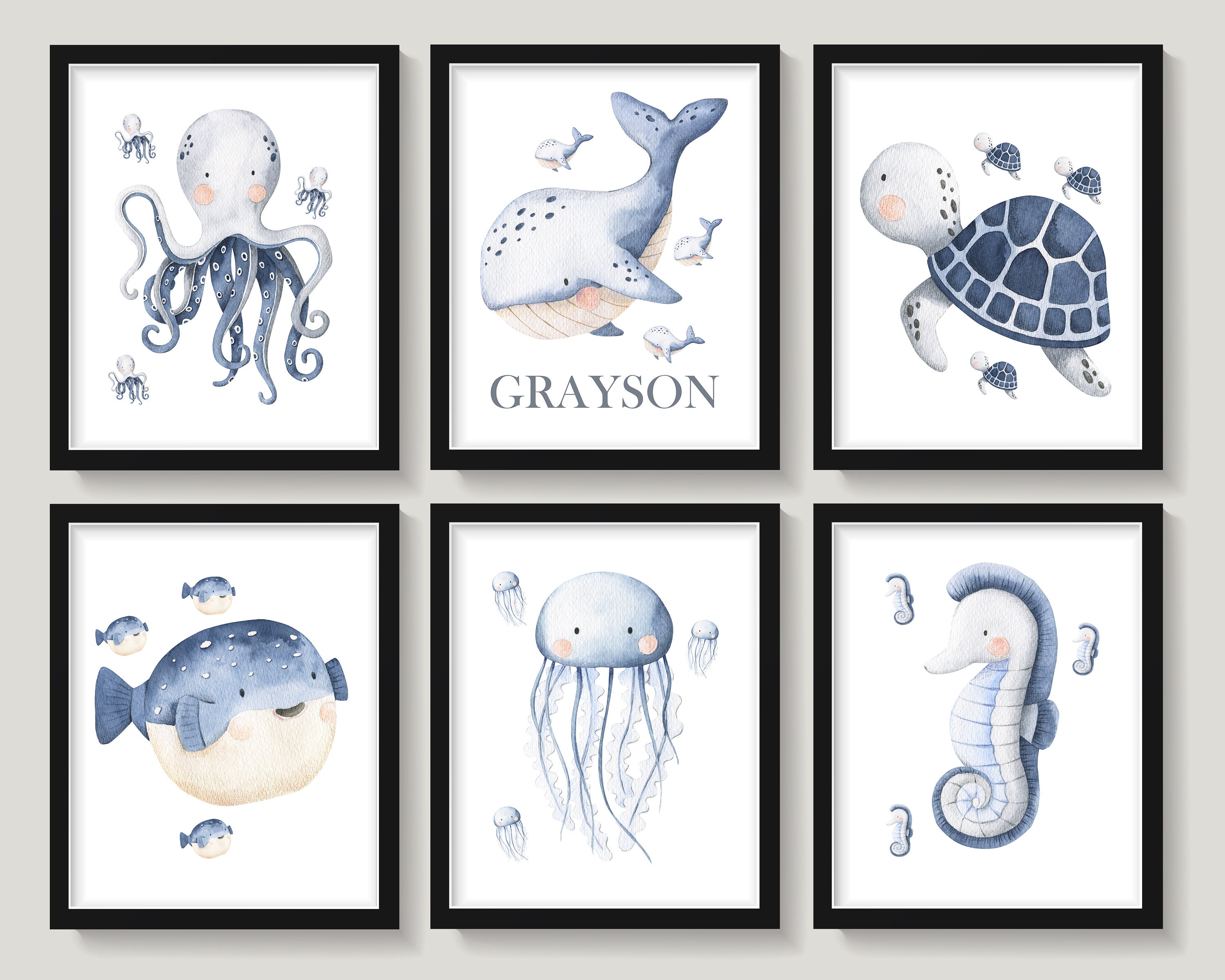 Sea Animals Nursery Art Ocean Nursery Wall Decor Navy Blue - Etsy