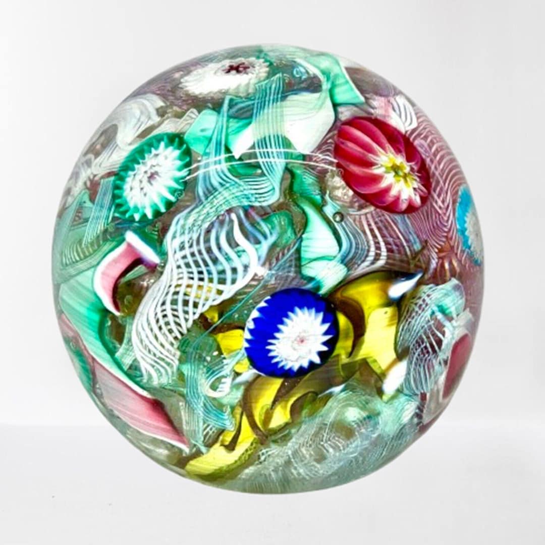 Vintage Signed Murano Art Glass Paperweight, Millefiori & Latticino ...