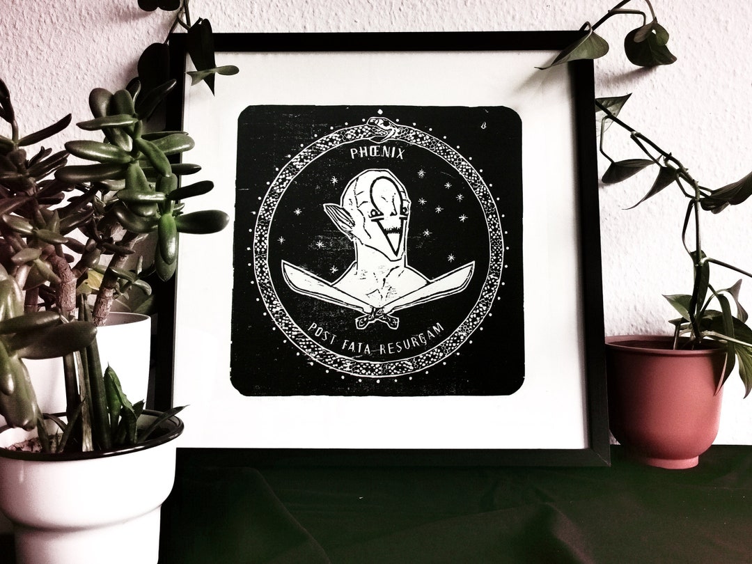 Woodcut Print Phoenix, After Death I Will Rise Again, Xilography, Black ...