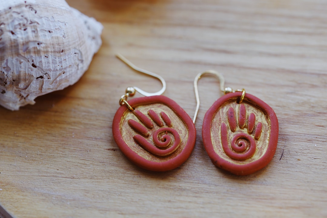 Ancient Inspired Handprint Polymer Clay Earrings - Gold Steel Hook ...