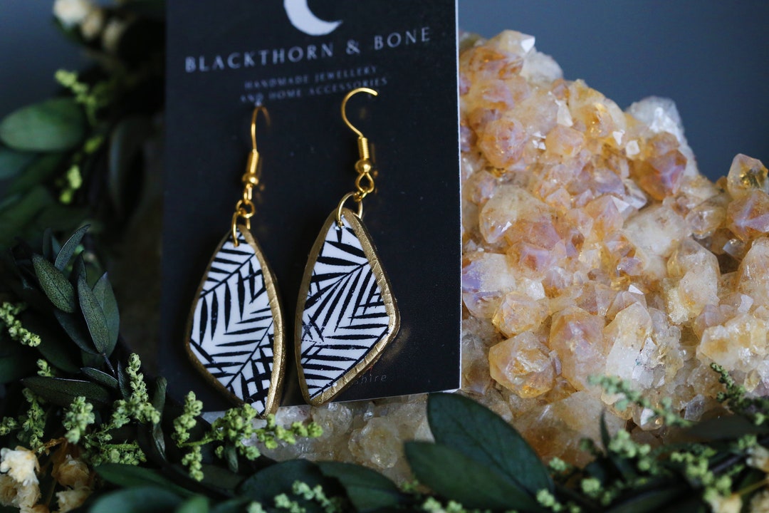 Black and White Botanical Triangle Earrings With a Gold Edge - Floral ...