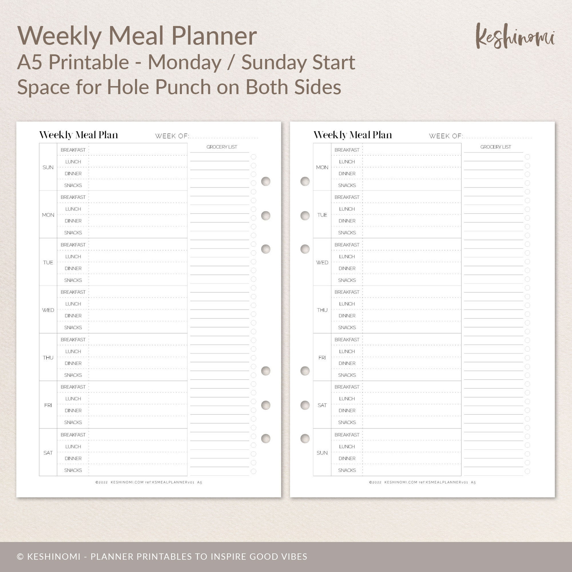 Weekly Meal Planner Bundle, PRINTABLE A5 Inserts. Grocery List Plus Mon ...