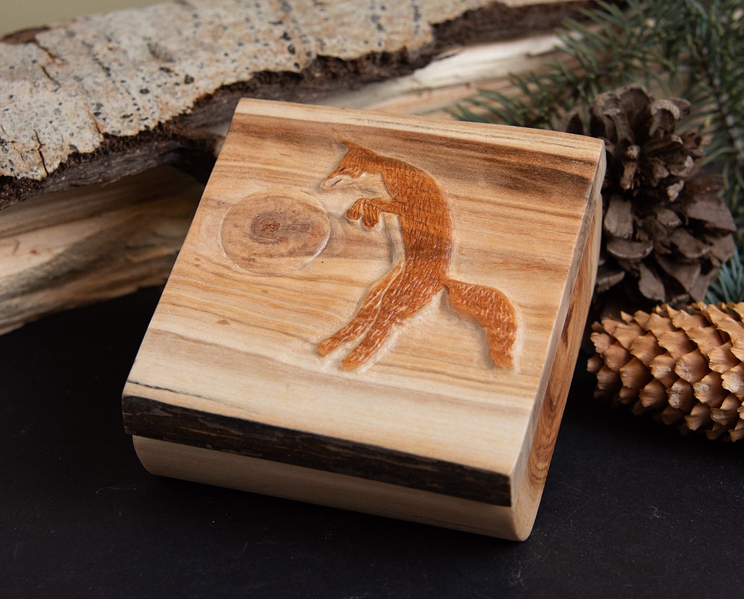 Box With Carved Fox Design, Wood Box, Wooden Box, Measures About 4 ...