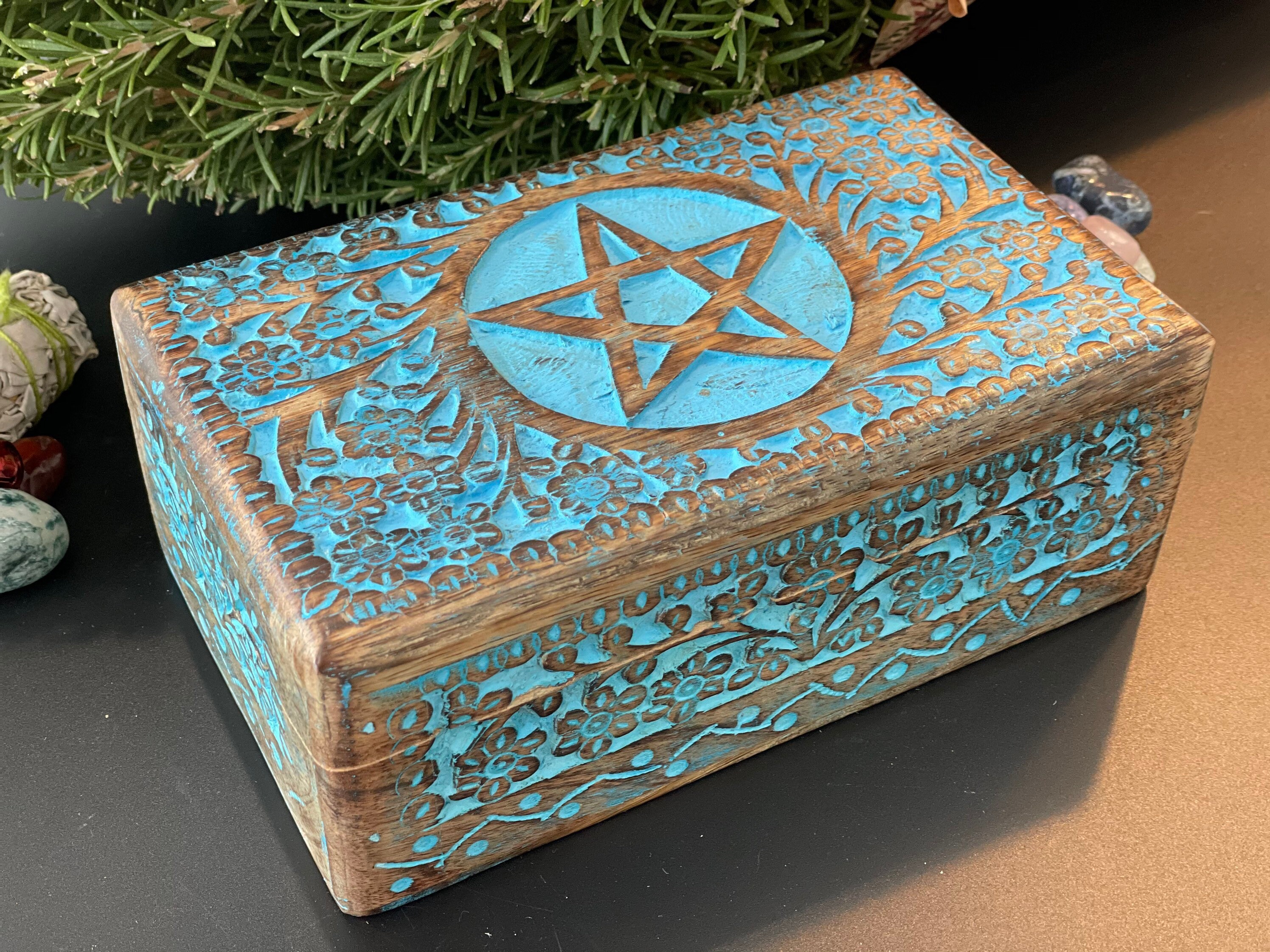 Wooden Hand Carved Pentacle Box Pentagram Box Altar Etsy