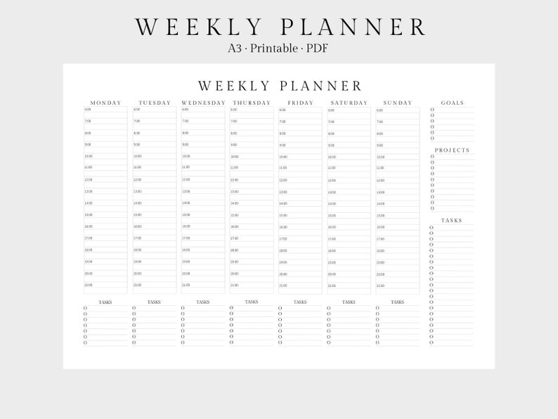 Weekly Planner, A3 Printable, Productivity, Minimalist, Clean, Elegant ...