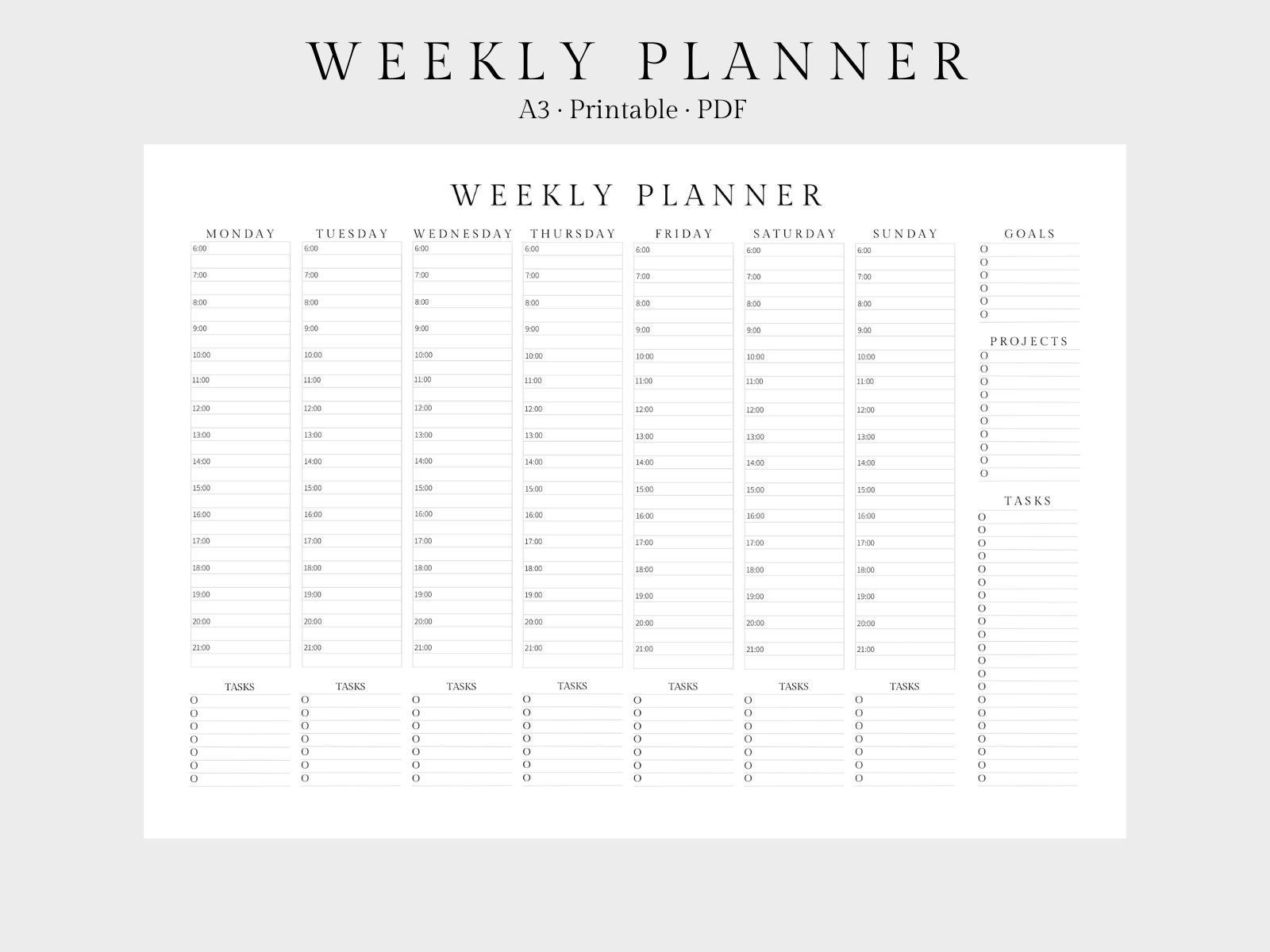 Weekly Planner, A3 Printable, Productivity, Minimalist, Clean, Elegant ...
