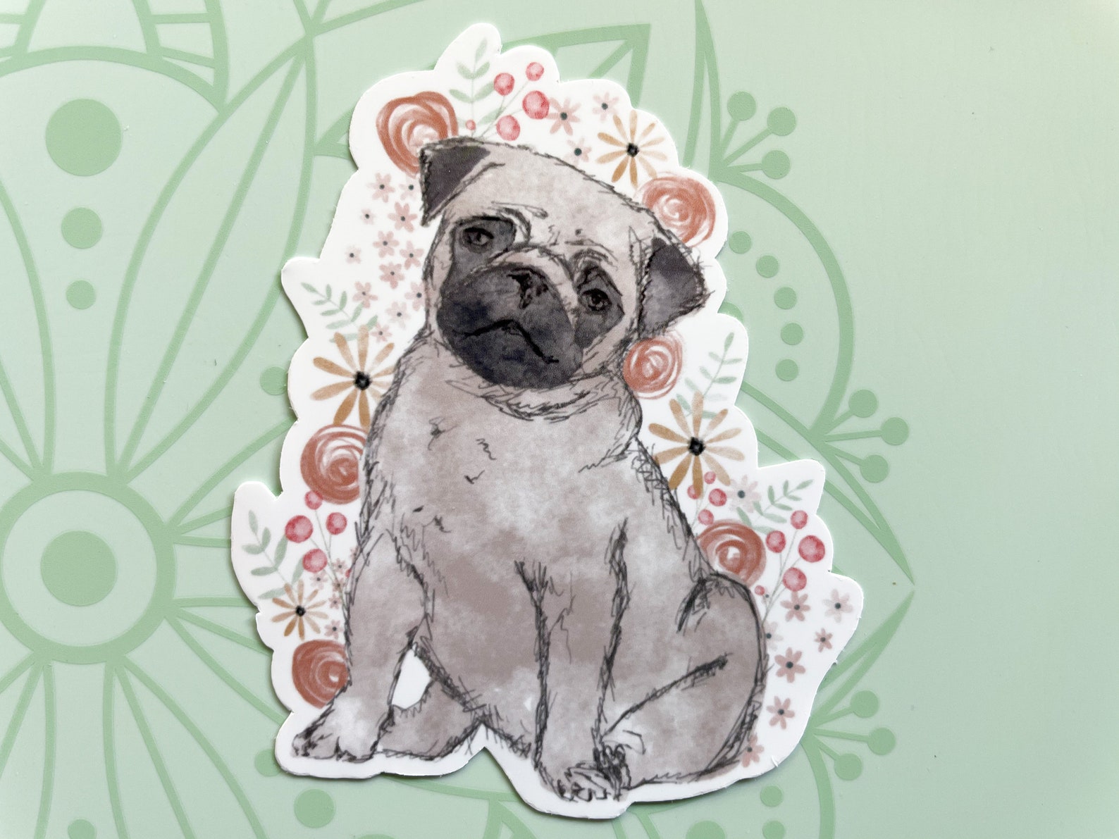 Waterproof Floral Pug Sticker, Dog Stickers, Sticker Gift for Pug Lover ...