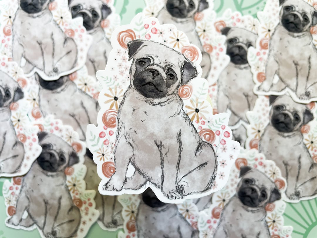 Waterproof Floral Pug Sticker, Dog Stickers, Sticker Gift for Pug Lover ...