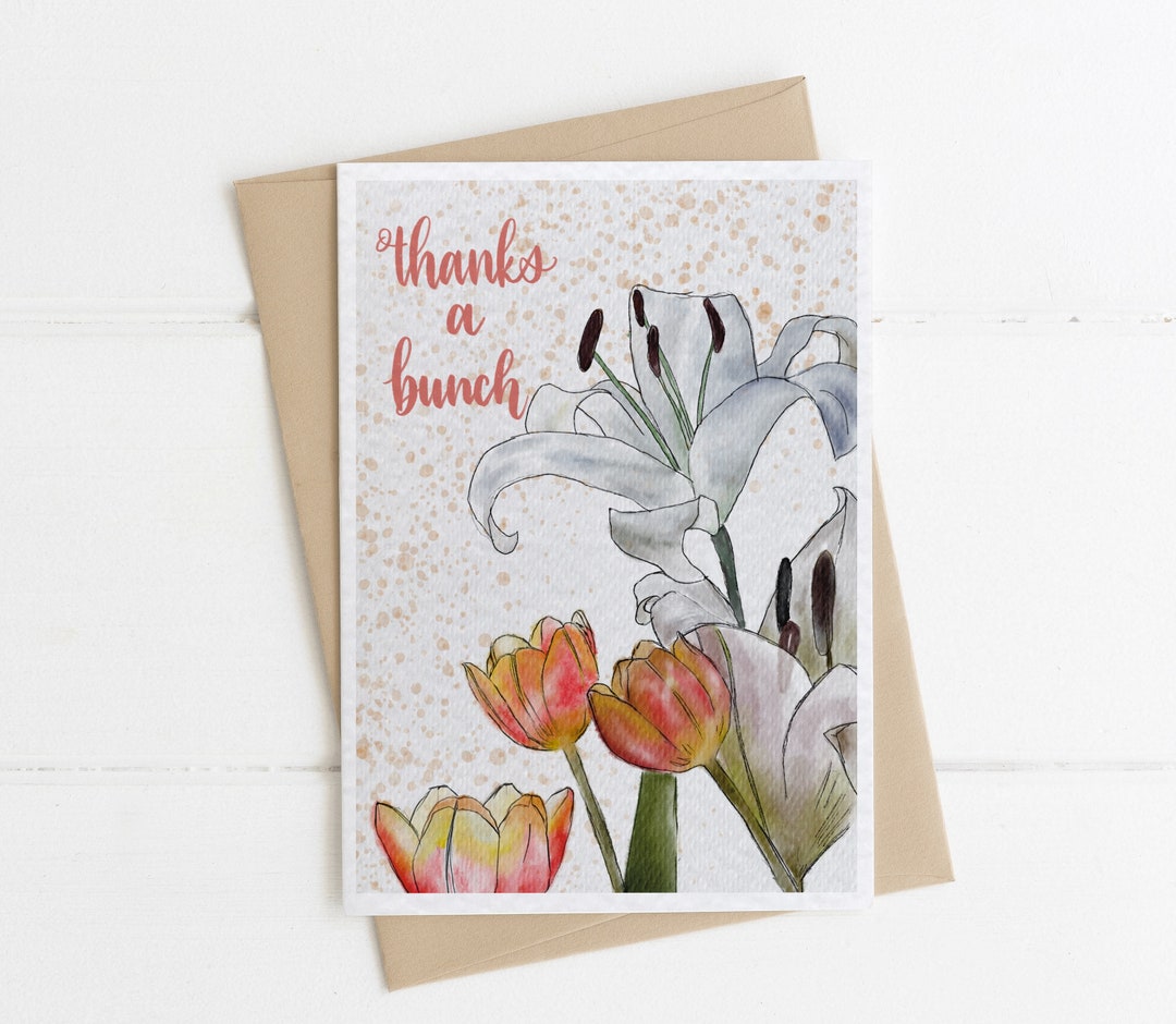 Thanks a Bunch Card, Watercolour Flowers Card, Thank You Card, Mixed ...