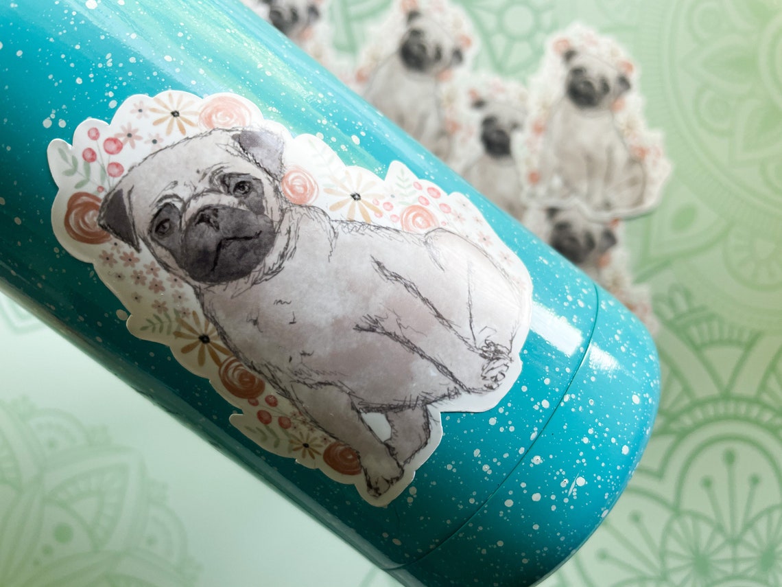 Waterproof Floral Pug Sticker, Dog Stickers, Sticker Gift for Pug Lover ...