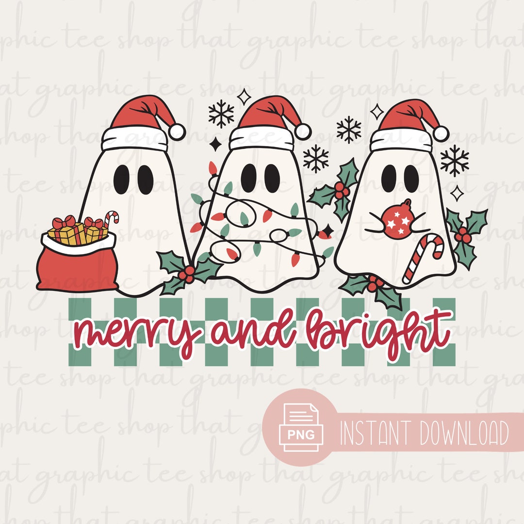 Merry and Bright Ghost PNG, Christmas Lights Digital Download, Retro ...