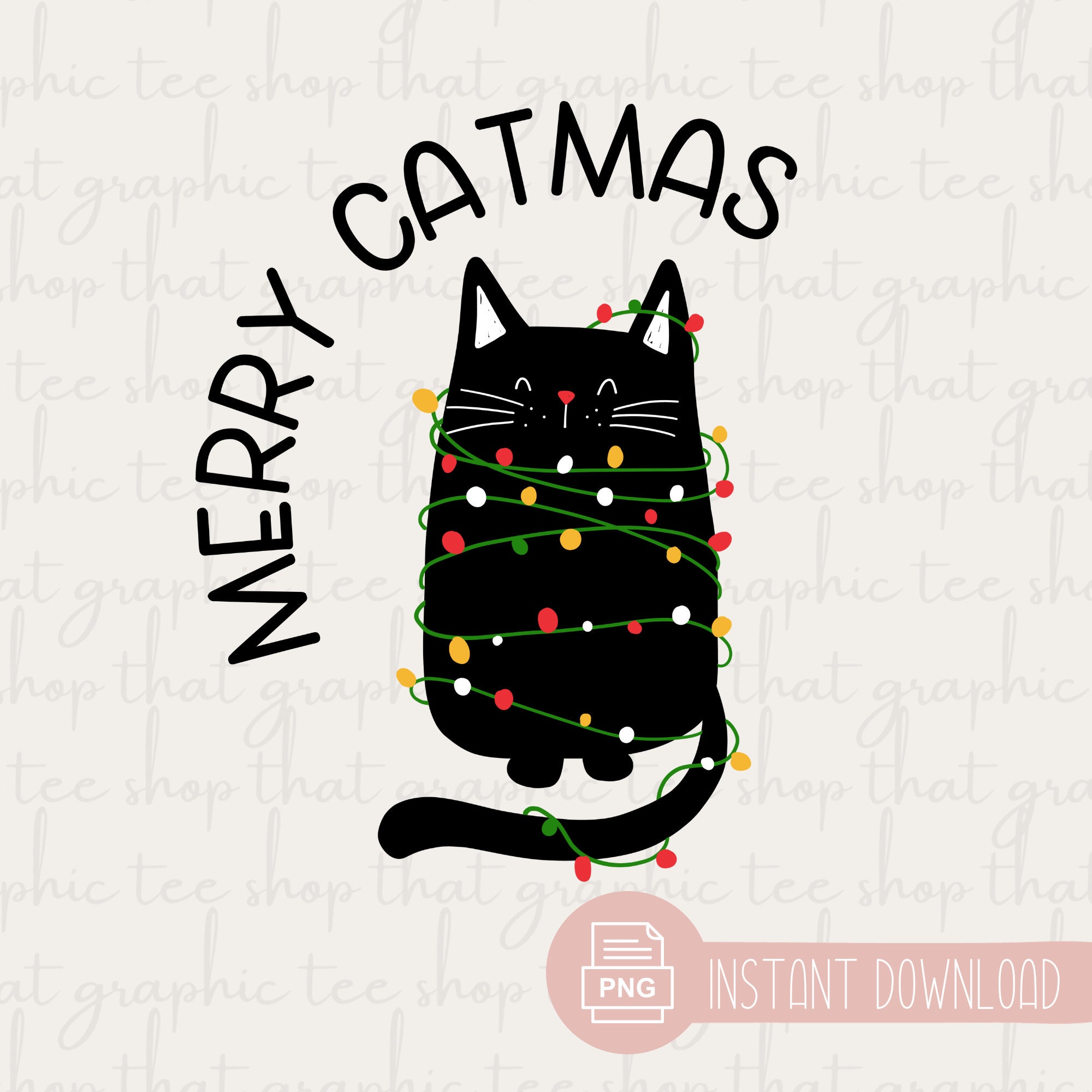 Merry Catmas PNG, Cute Cat Digital Download, Christmas Lights Retro ...