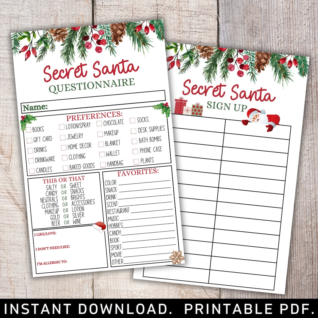 Christmas Secret Santa Exchange Questionnaire & Sign up Sheet ...
