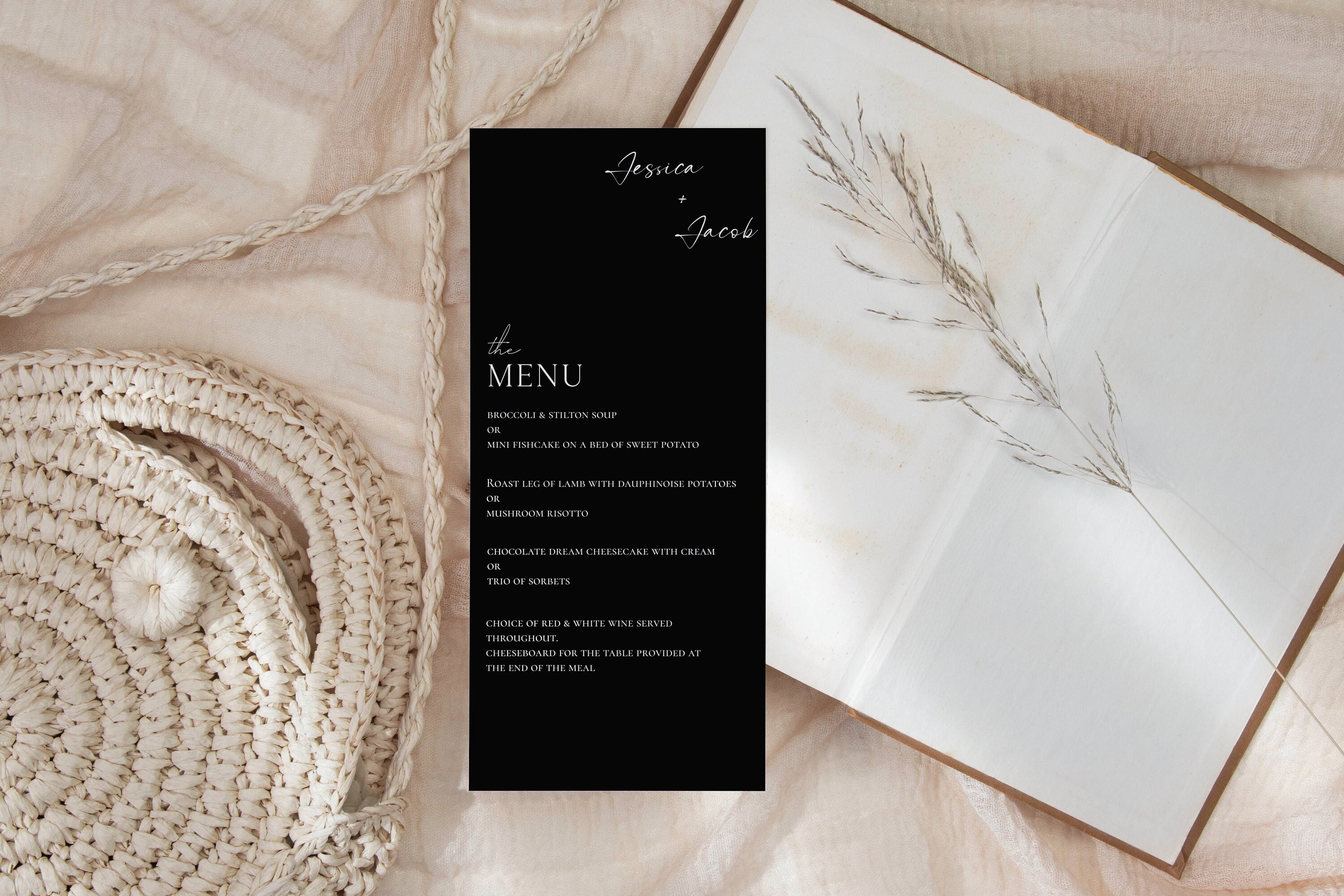 Modern Black Wedding Menu Card Template, Editable Wedding Menu ...