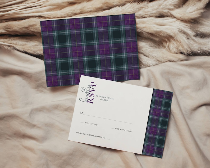 Scottish Wedding Invitation Set Template Purple Tartan - Etsy