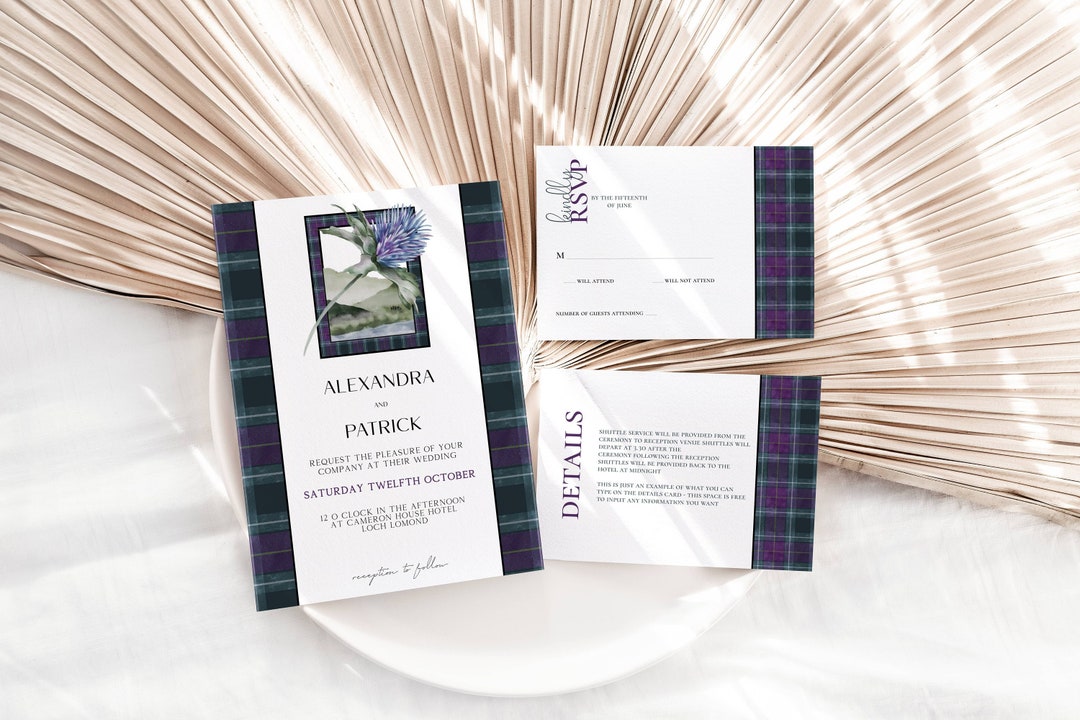 Scottish Wedding Invitation Set Template Purple Tartan Wedding ...
