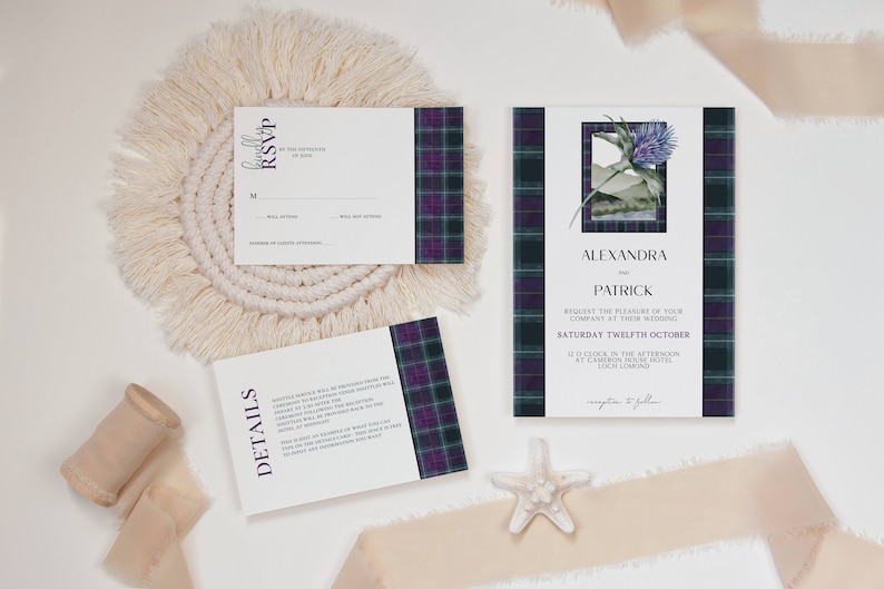 Scottish Wedding Invitation Set Template Purple Tartan - Etsy