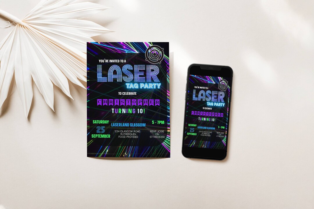 Laser Tag Birthday Invitation. Neon Glow Invitation for Party. Laser ...
