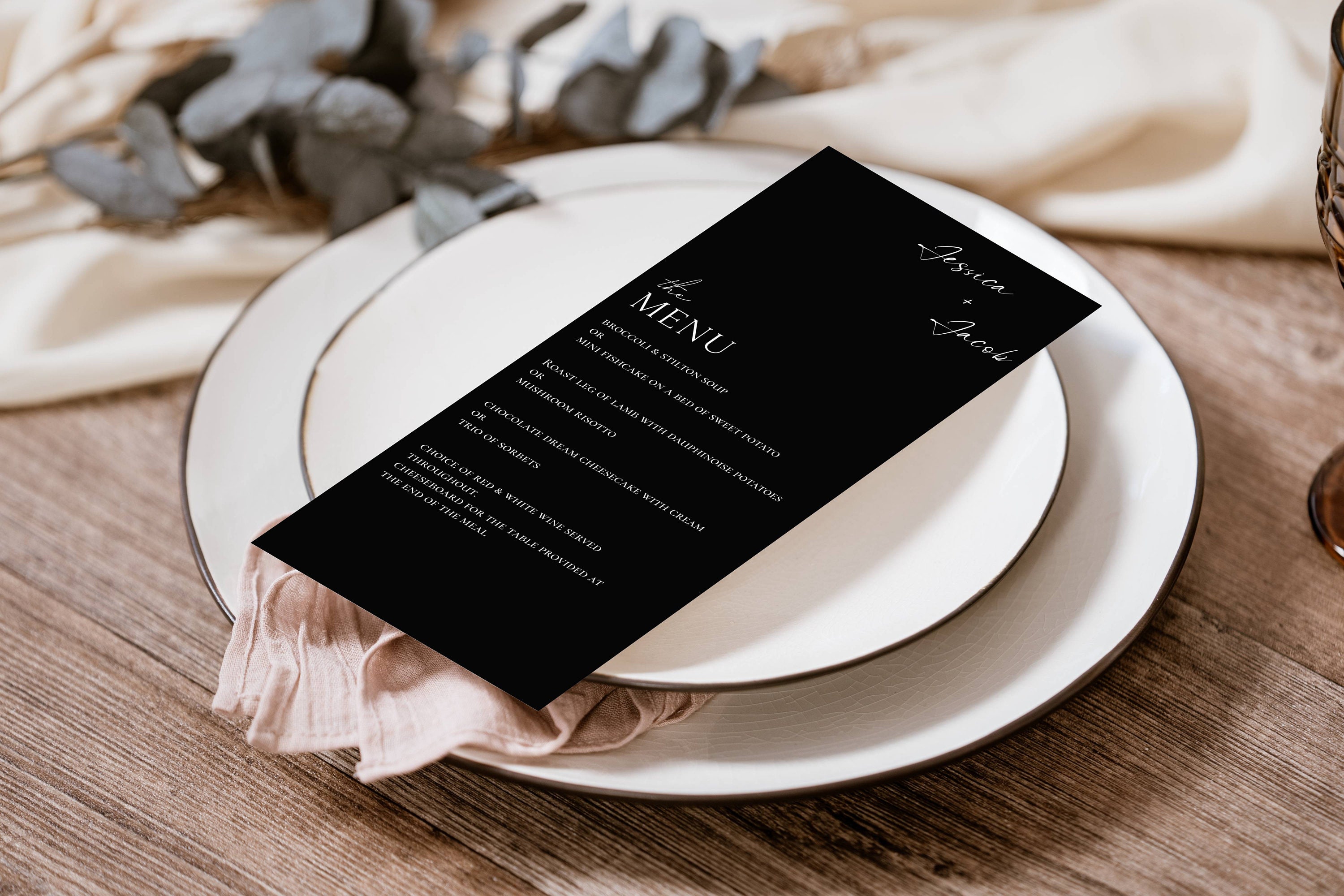 Modern Black Wedding Menu Card Template, Editable Wedding Menu ...