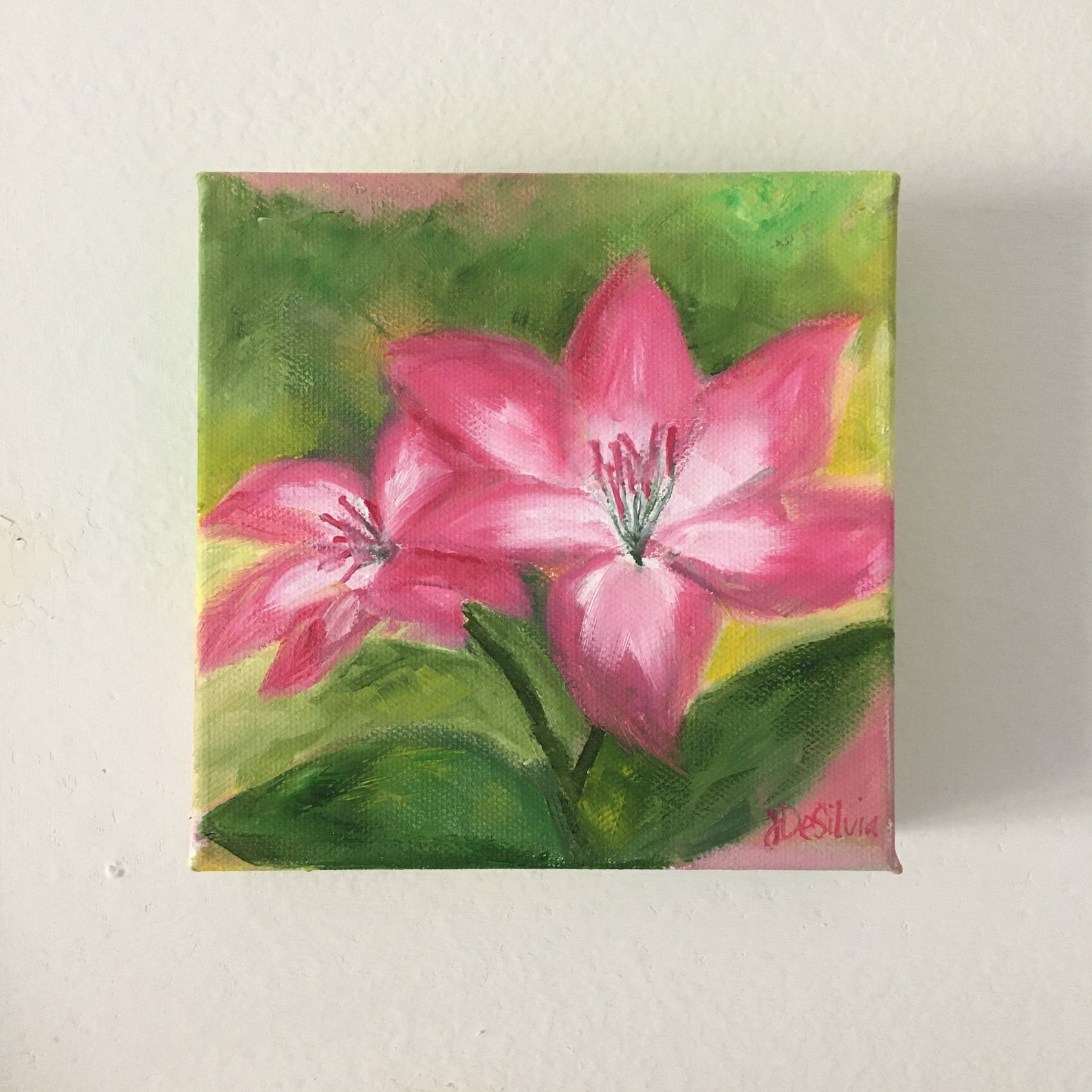 6x6 Original Oil Painting on Canvas. together Features Two Pink ...