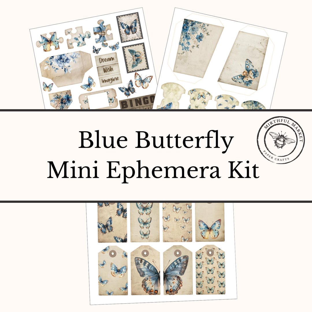 Blue Butterfly Printable Ephemera Set, Junk Journal Embellishments ...