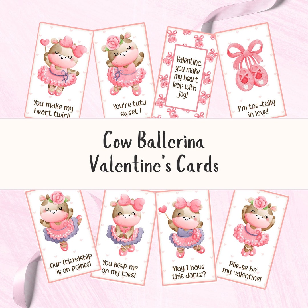 Cow Ballerina Kid's Valentines, Printable Pink Ballet Dancer Card, Cute ...