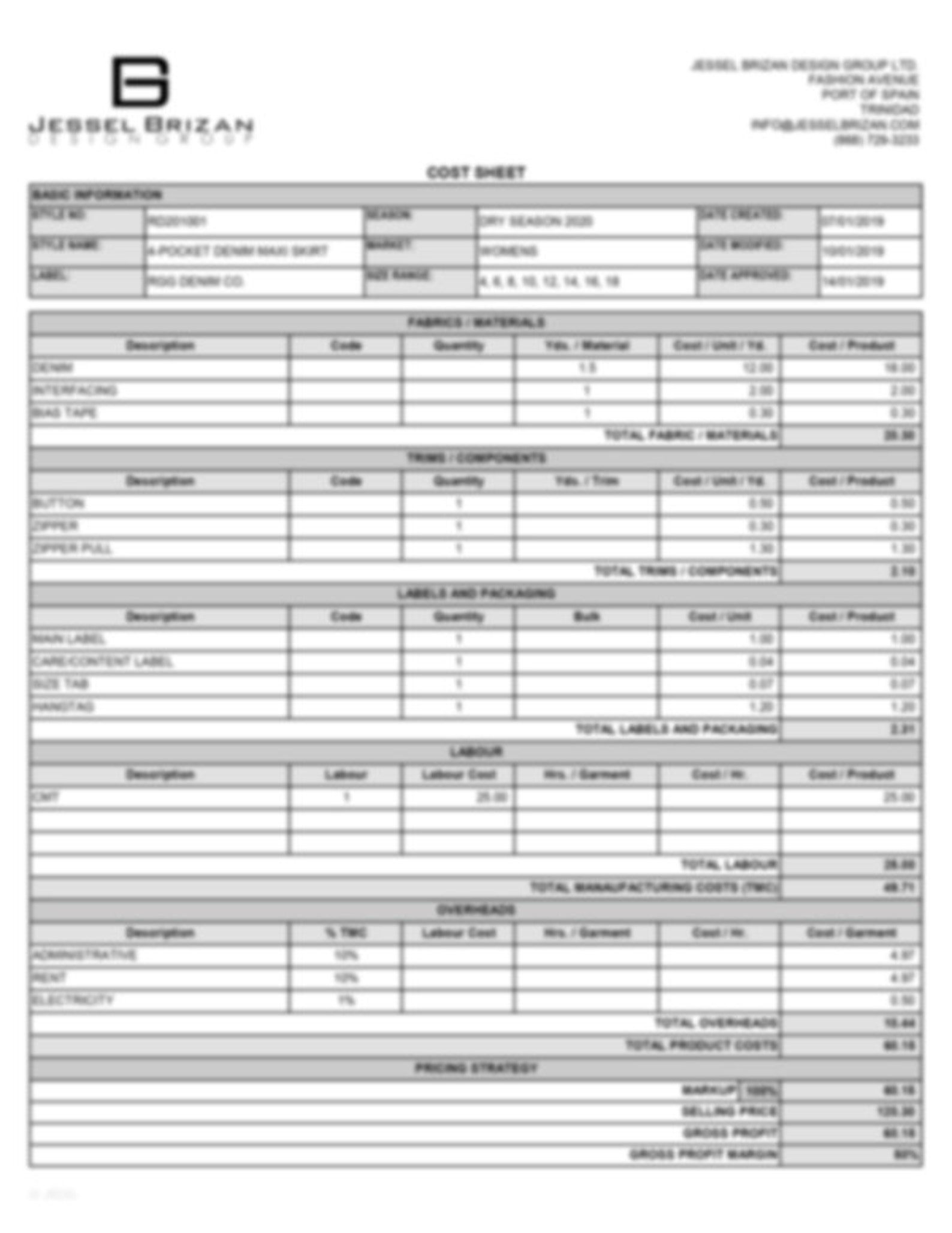 Basic Cost Sheet Template for Excel © - Etsy