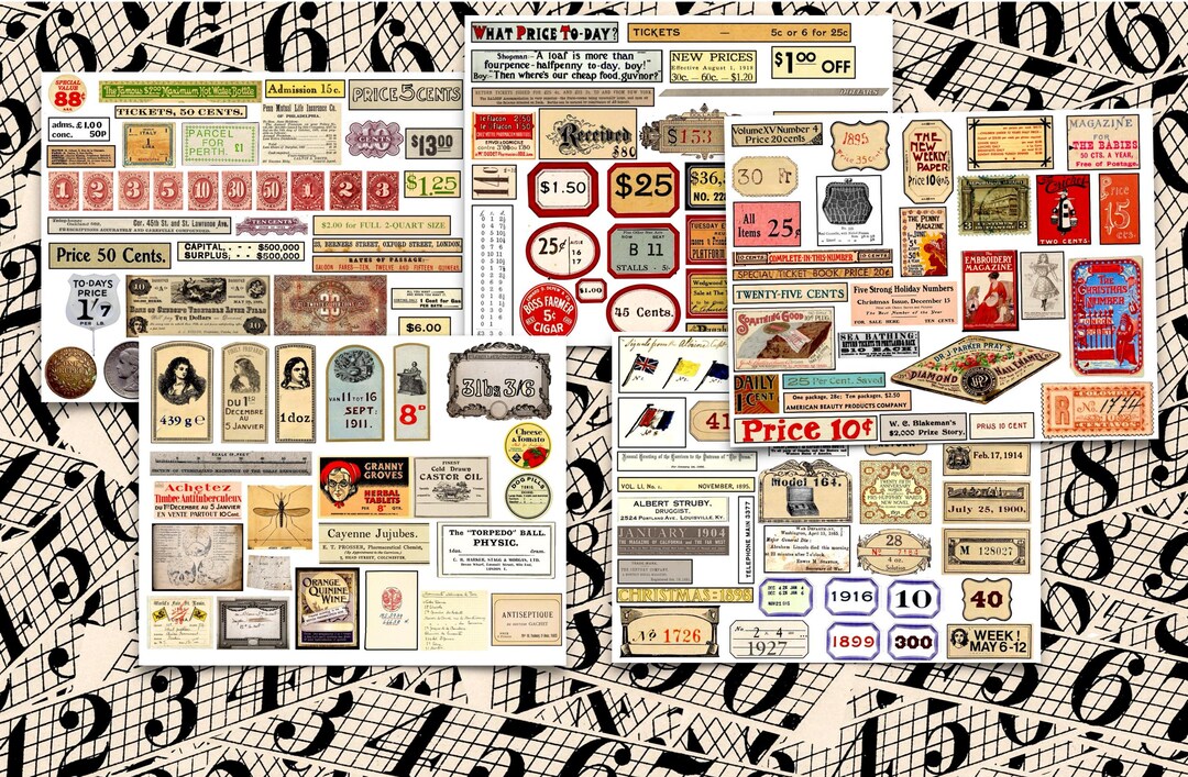 Vintage Money & Number Labels: Sepia Ephemera for Junk Journals ...