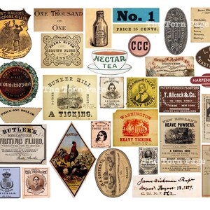 Vintage Random Labels, Digital Antique Number and Text Labels, Colour ...