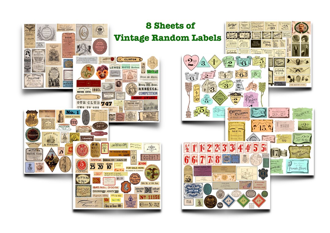 Vintage Random Labels, Digital Antique Number and Text Labels, Colour ...