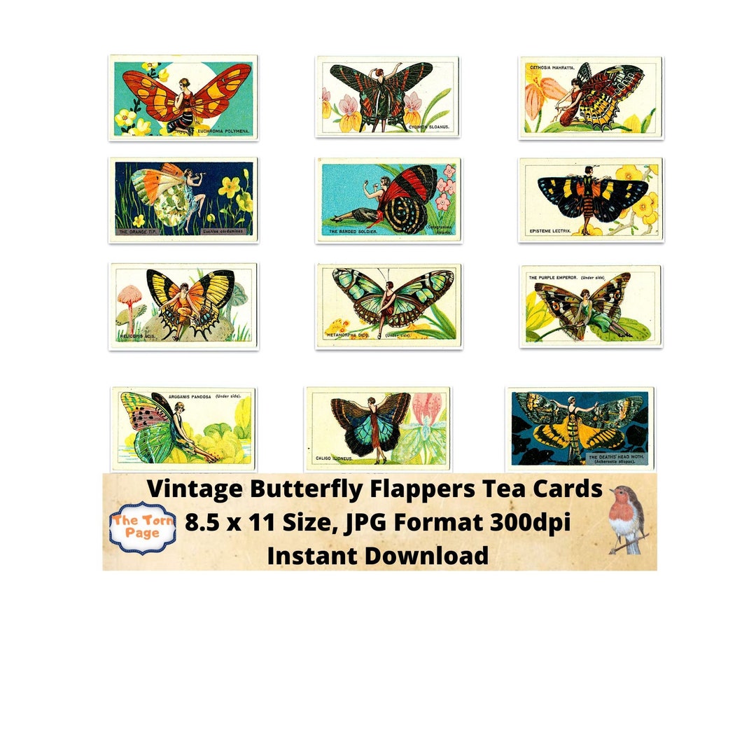 Vintage Butterfly Flappers, Digital Vintage Faux Tea Cards, 8.5x11 Size ...