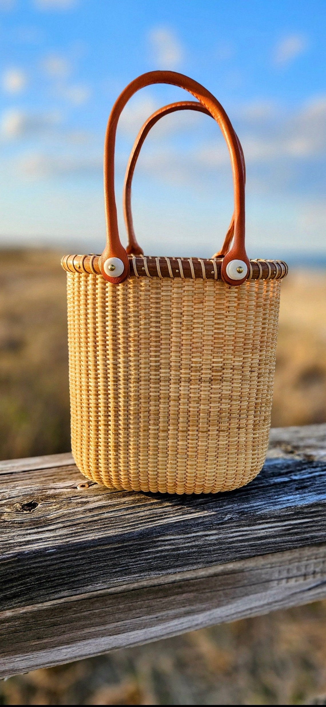 Handwoven Nantucket Lightship Basket Tote – Cherry Rim, Leather Straps ...