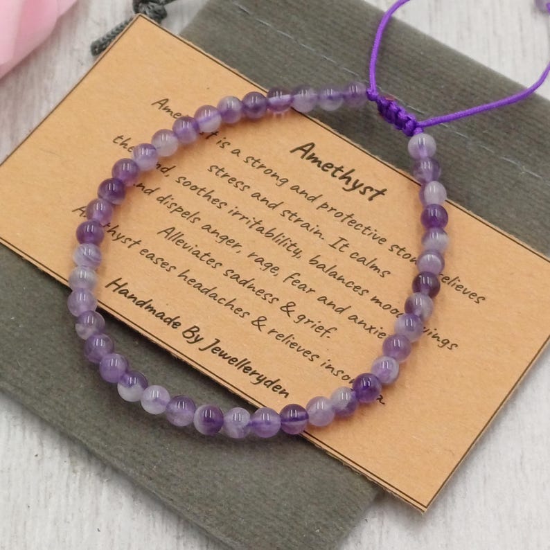 DREAM AMETHYST Dainty Bracelet 4 Mm Adjustable Handmade With Gift Bag ...