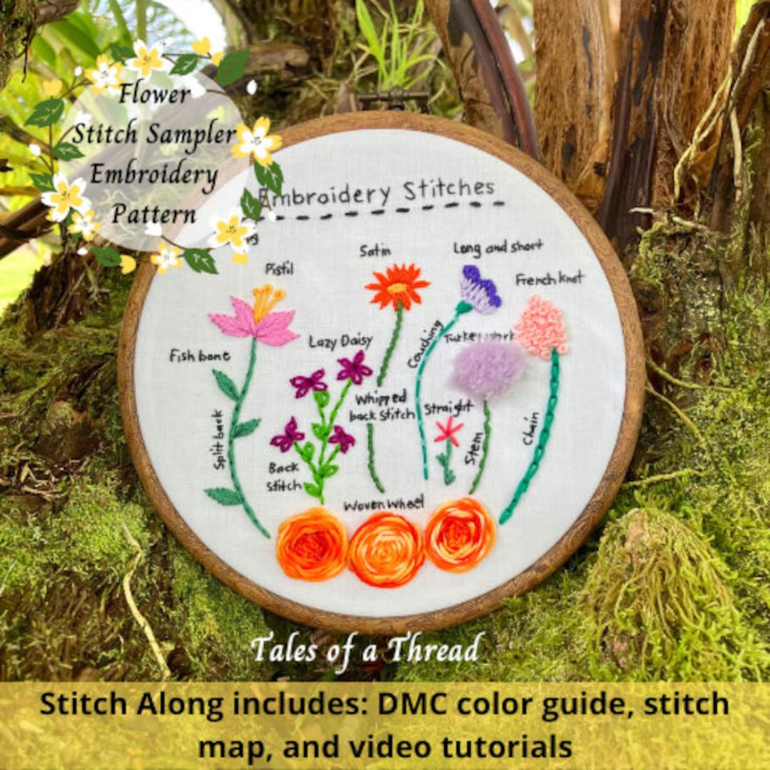 Flower Stitch Sampler Hand Embroidery Stitch Along With Video Guide ...